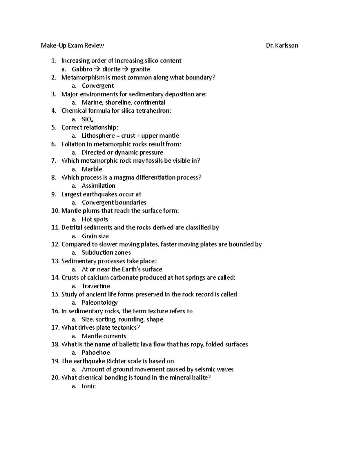 Make-Up Exam Review - Exam Review 1. Increasing order of increasing ...