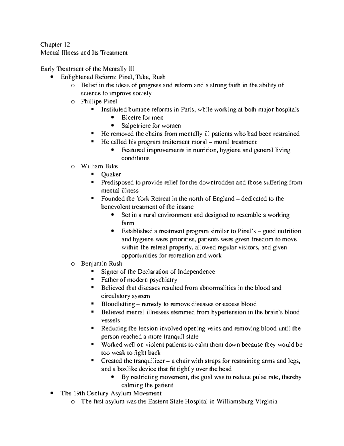 Chapter 12 Notes - Chapter 12 Mental Illness and Its Treatment Early ...