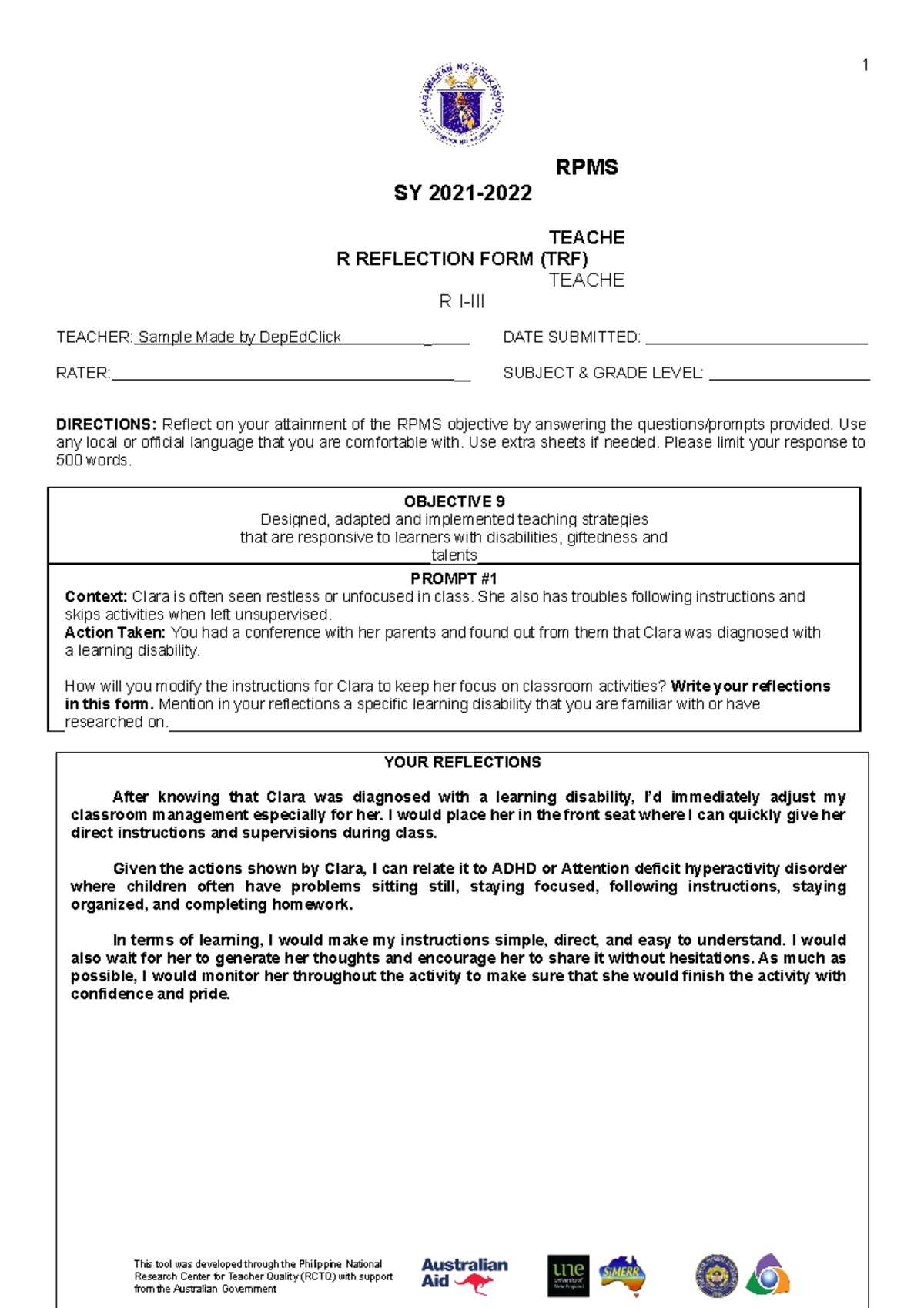 [Appendix 4A] Teacher Reflection Form for T I-III for RPMS SY 2021-2022 ...
