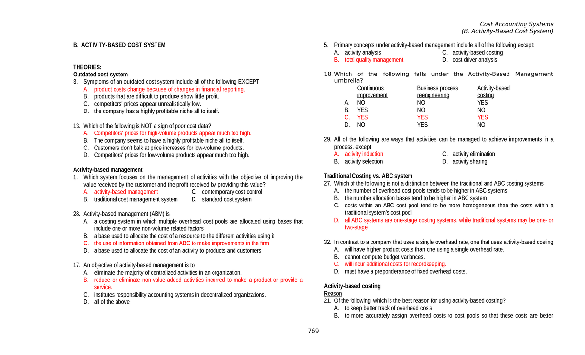 Activity Based Costing B Activity Based Cost System B Activity