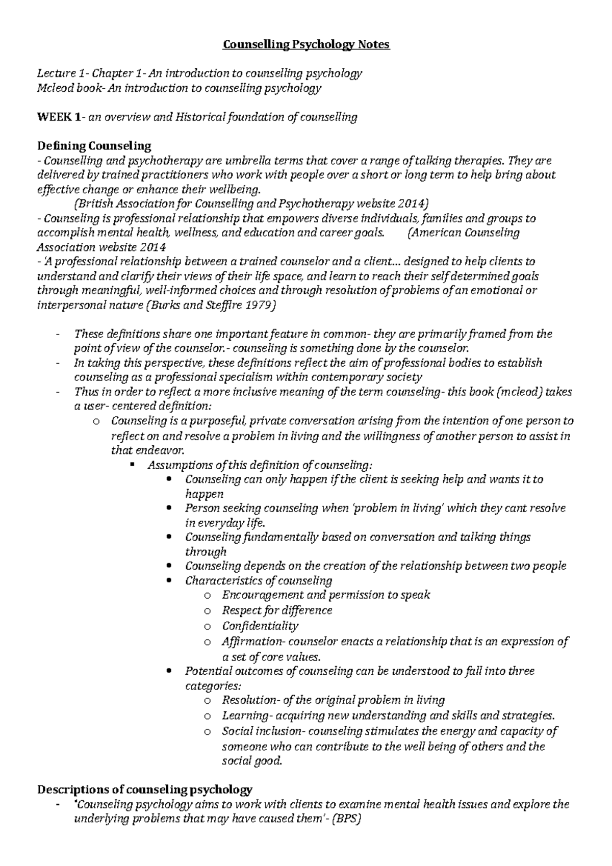 Lecture Notes - Psychology: Counseling Psychology Notes (Lecture 1 ...