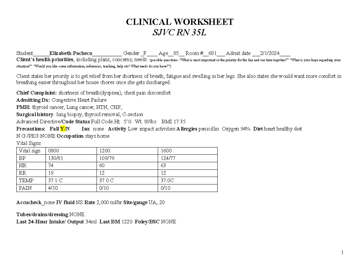 N35L Daily Clinical Worksheet completed - SJVC RN 35L Student ...