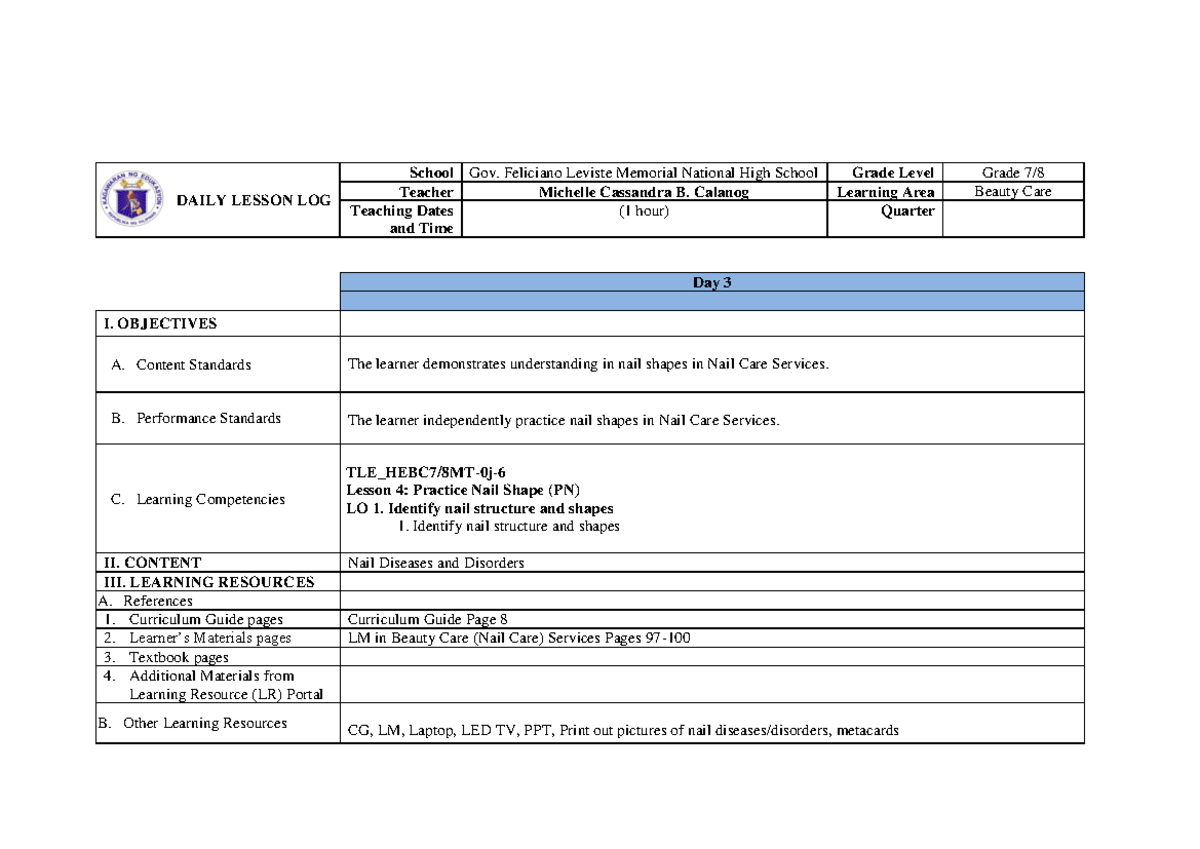LO1 (1) DAY 3 - hope it helps - Day 3 I. OBJECTIVES A. Content ...