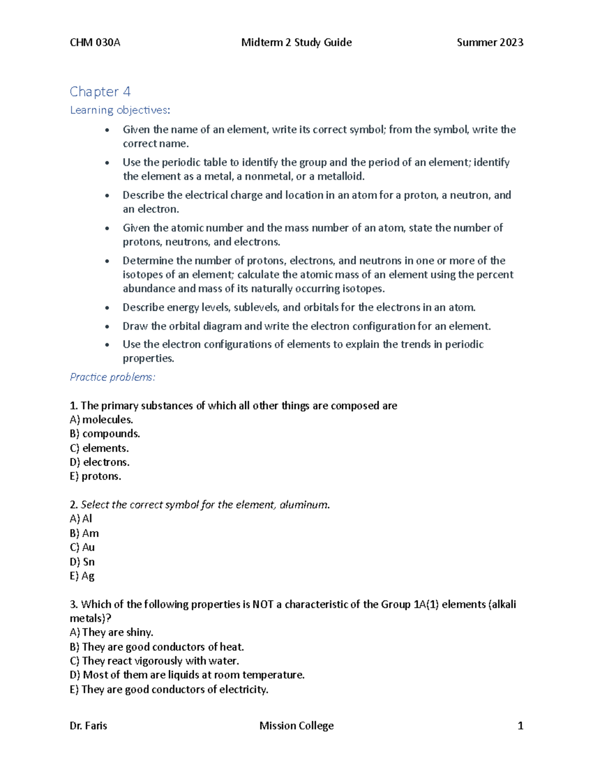 Midterm 2 Study Guide Chem 30a Chapters 4-7 - CHM 030A - Mission - Studocu