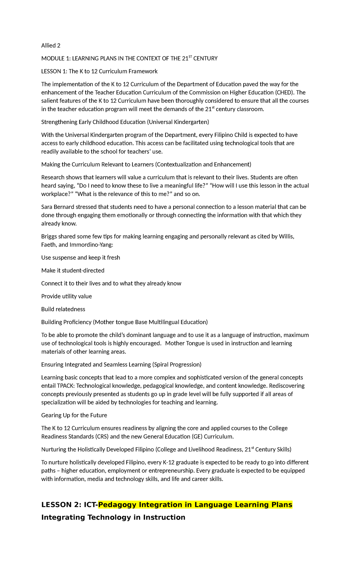 Document - Lecture notes - Allied 2 MODULE 1: LEARNING PLANS IN THE ...