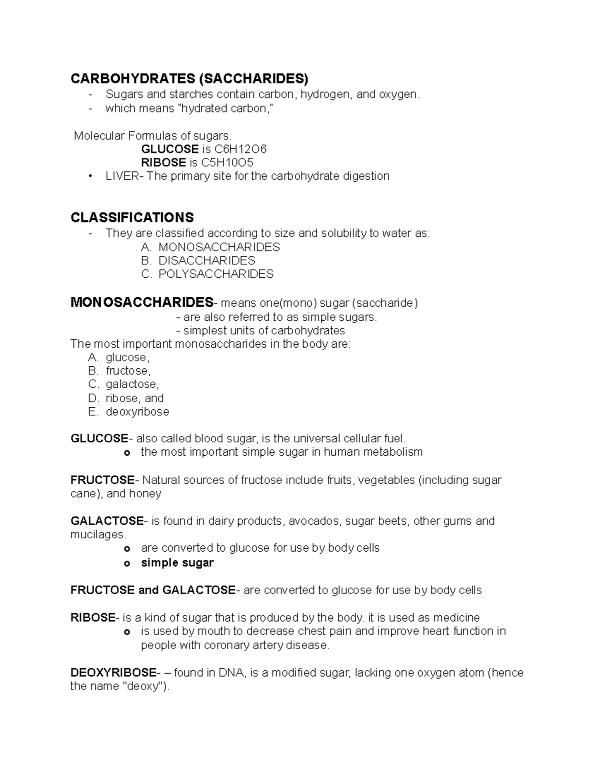 Handout- Carbohydrates - CARBOHYDRATES (SACCHARIDES) Sugars and ...