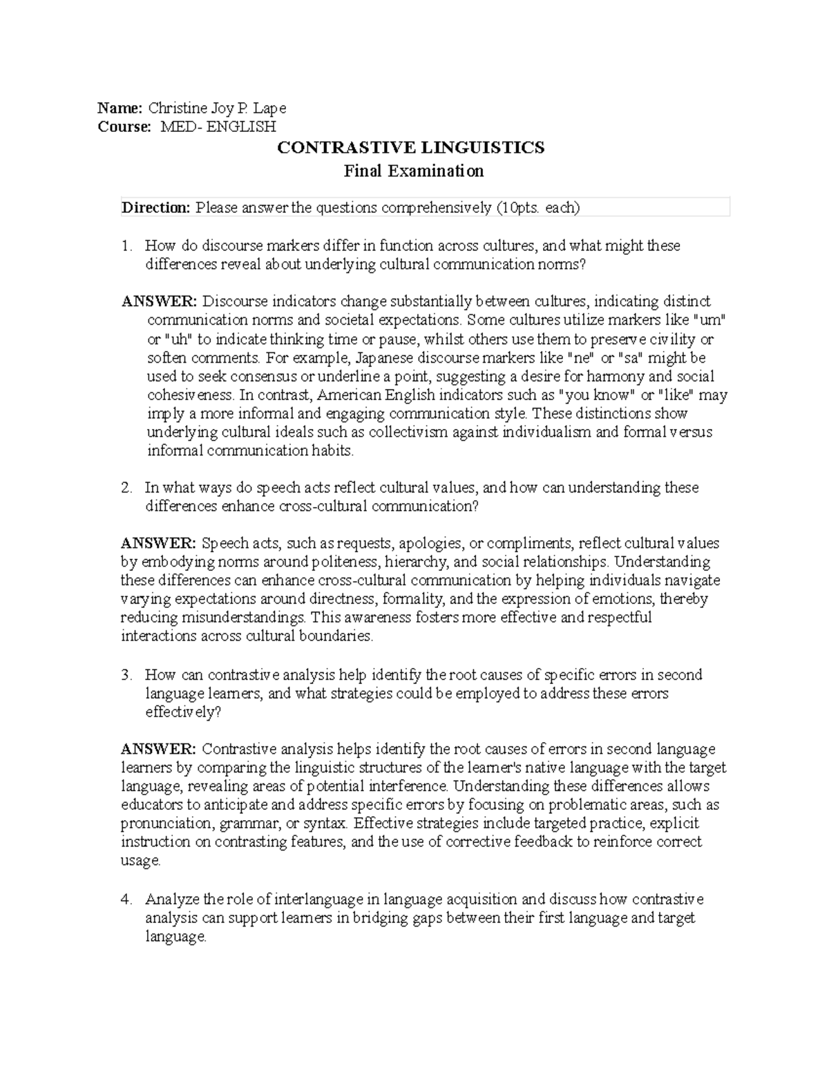 Final Examination Contrastive Linguistics - Name: Christine Joy P. Lape ...