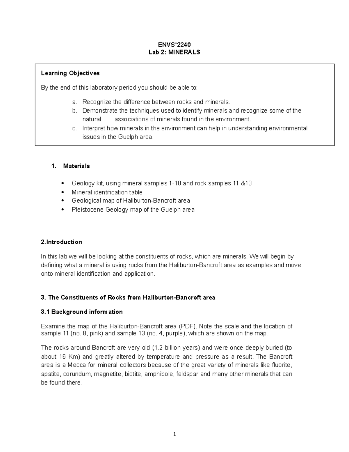 Lab 2 F20 - Lab 2 - ENVS* Lab 2: MINERALS Learning Objectives By the end of this laboratory ...