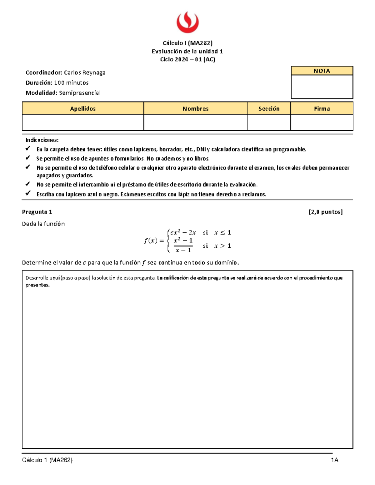MA262 EU1 A - Evaluación de la Unidad 1 - Cálculo I (MA262) Evaluación ...