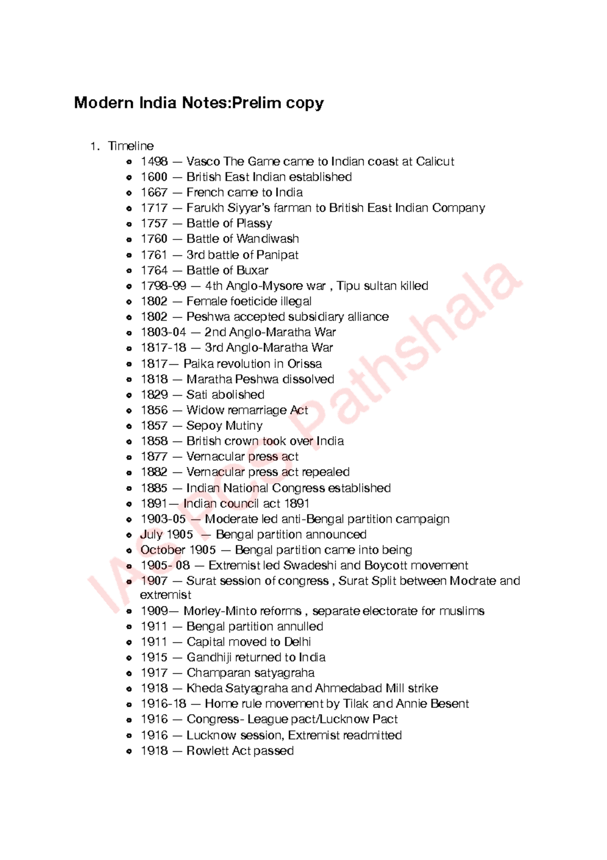 Modern History Notes - Modern India Notes:Prelim copy Timeline 1498 ...