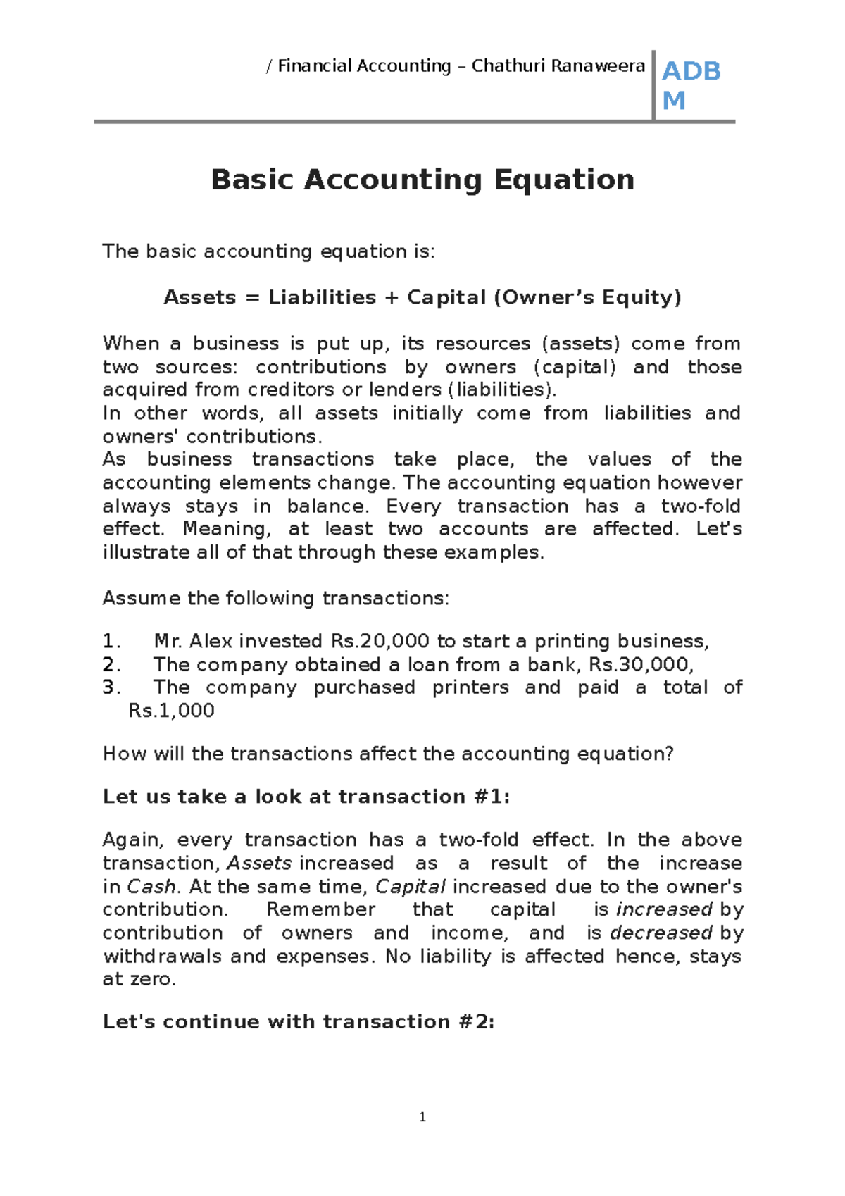 Basic Accounting Equation - M Basic Accounting Equation The basic ...