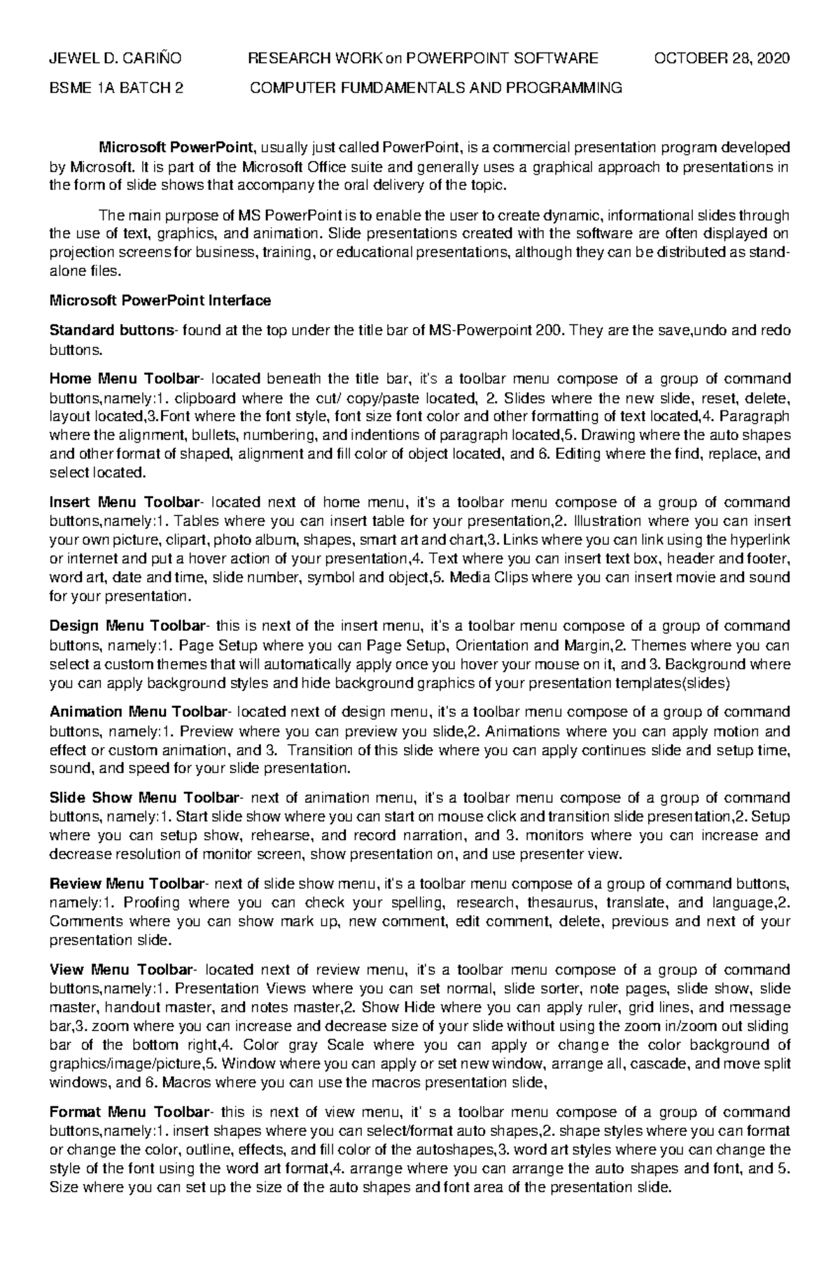 Reseach WORK ON Powerpoint Software - Computer Fundamentals and Programming - PangSU - Studocu