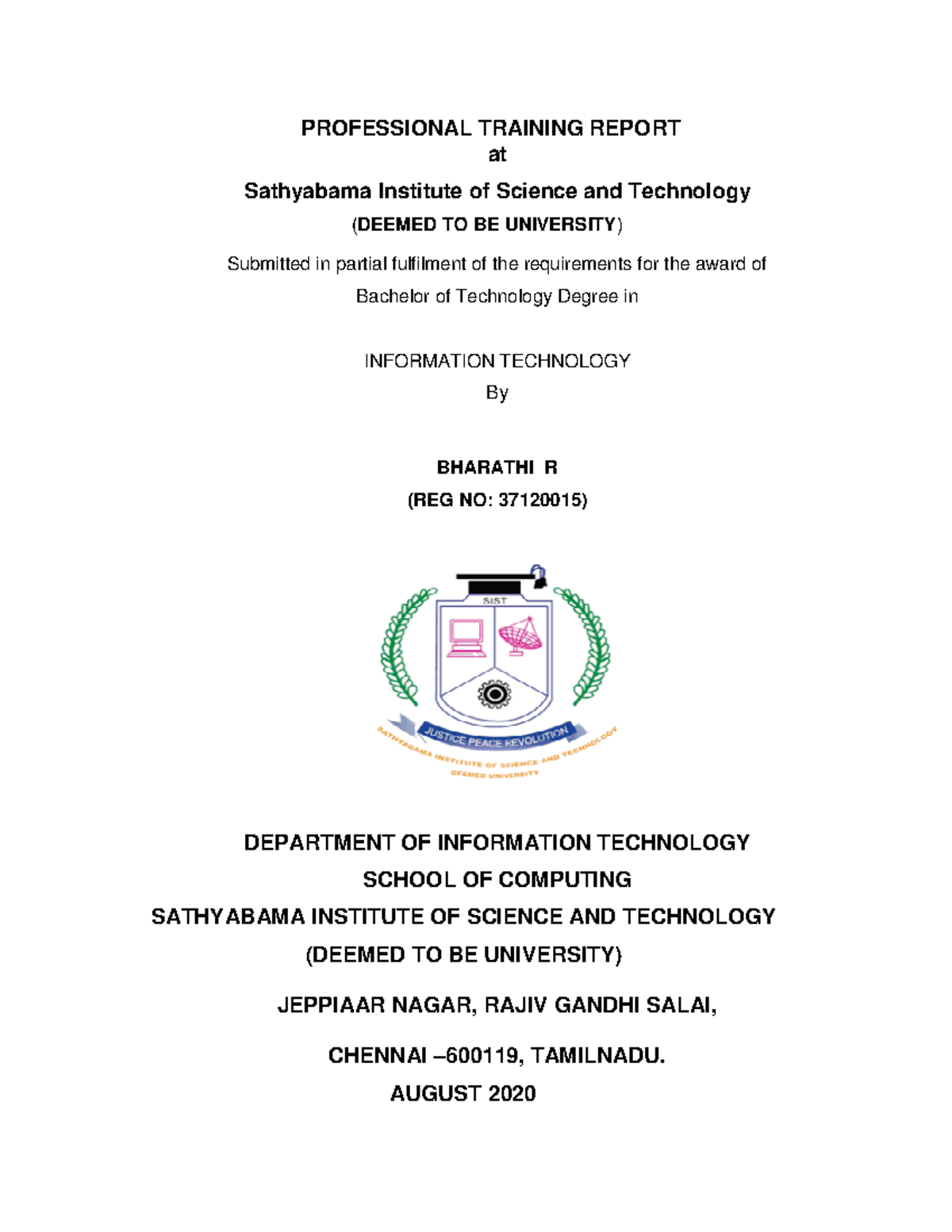 B - nothing - PROFESSIONAL TRAINING REPORT at Sathyabama Institute of ...