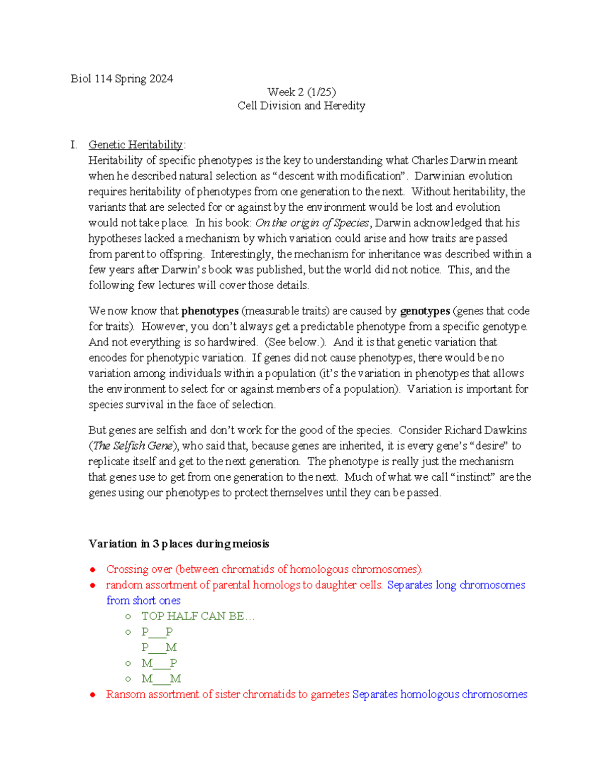 Lecture week 2 (1-25) - Notes Cell Division and heredity - Biol 114 ...