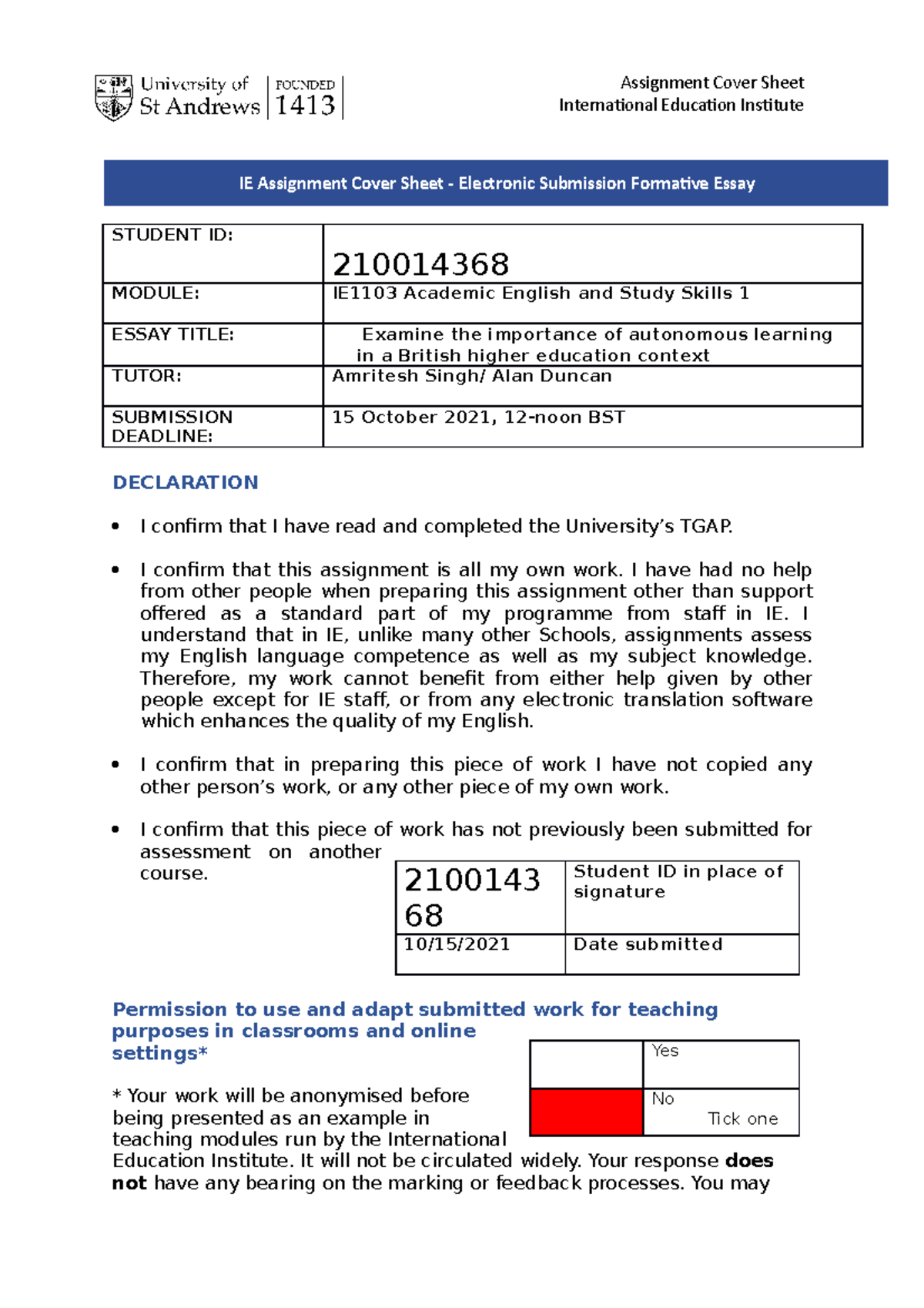 IE1103 Formative Essay - Assignment Cover Sheet International Education ...