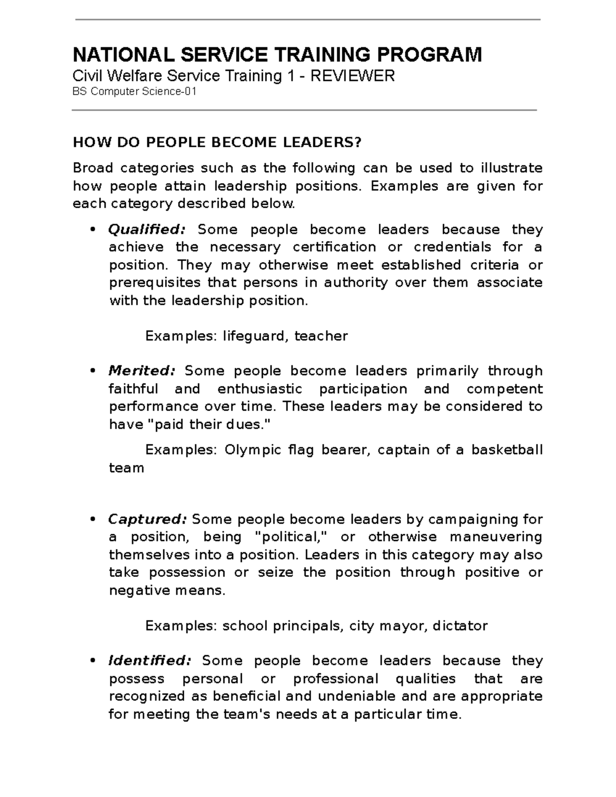 NSTP Reviewer Leadership - NATIONAL SERVICE TRAINING PROGRAM Civil ...