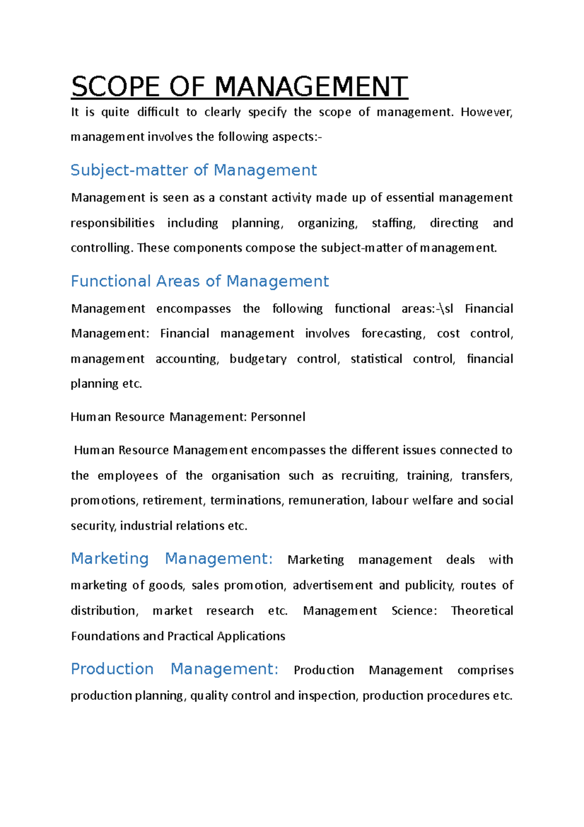 Scope OF Management - SCOPE OF MANAGEMENT It is quite difficult to ...