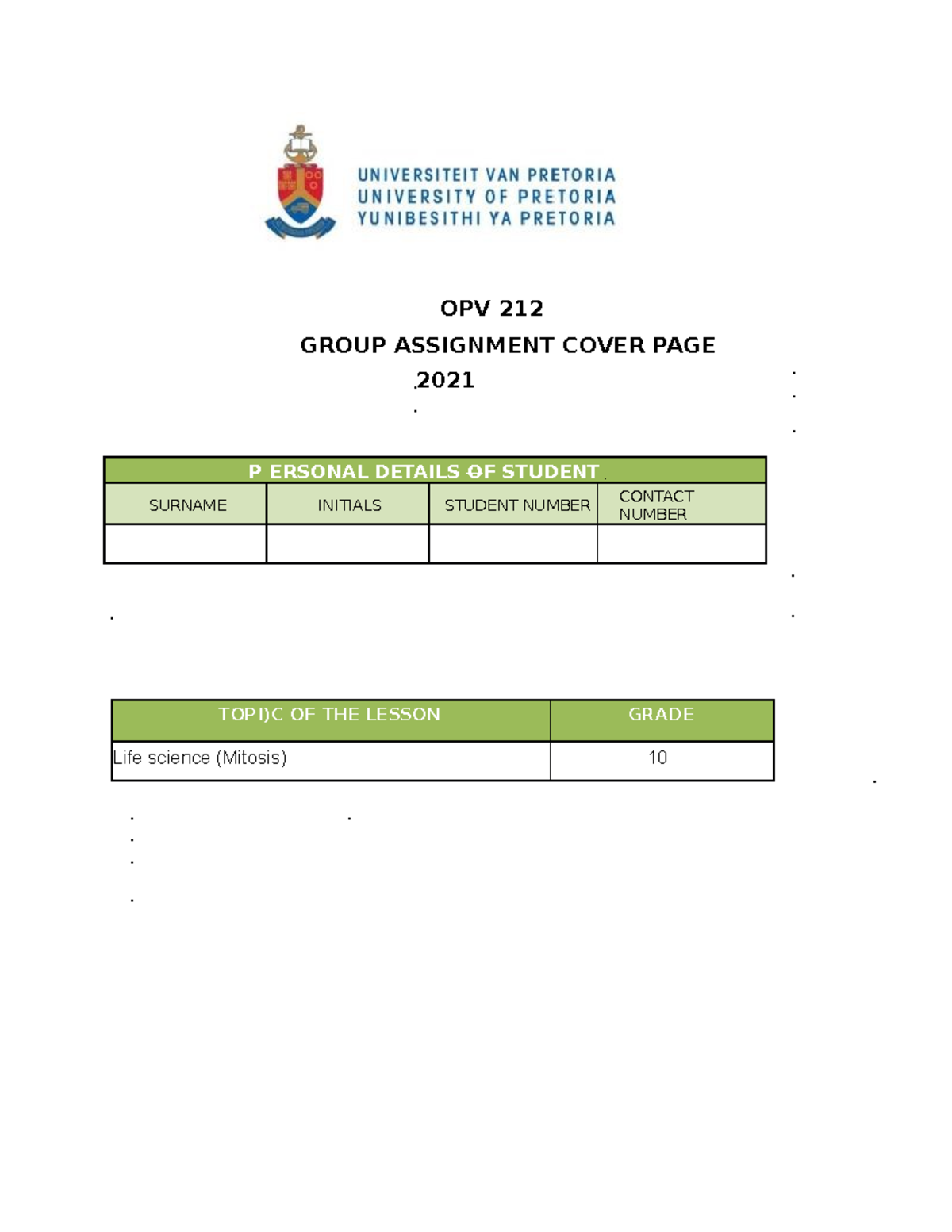 OPV 212 Semester Assignment 2021 - OPV 212 GROUP ASSIGNMENT COVER PAGE ...