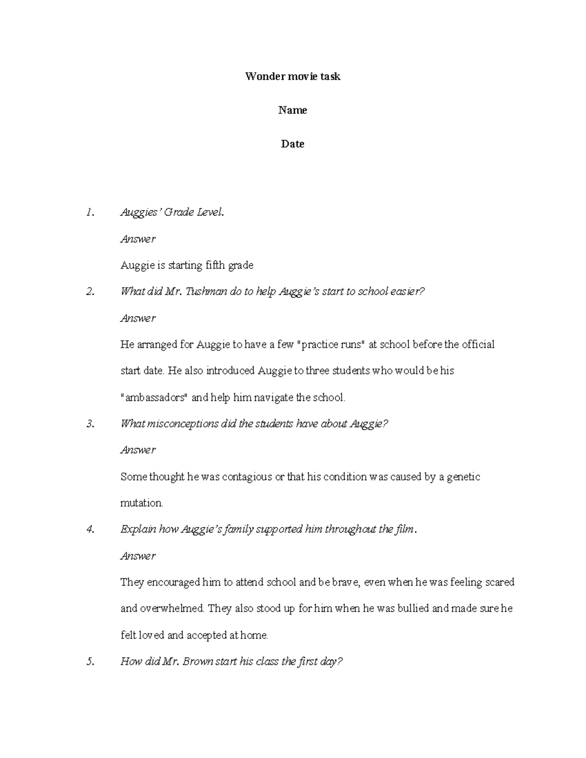 Wonder movie task - practice - Wonder movie task Name Date Auggies ...