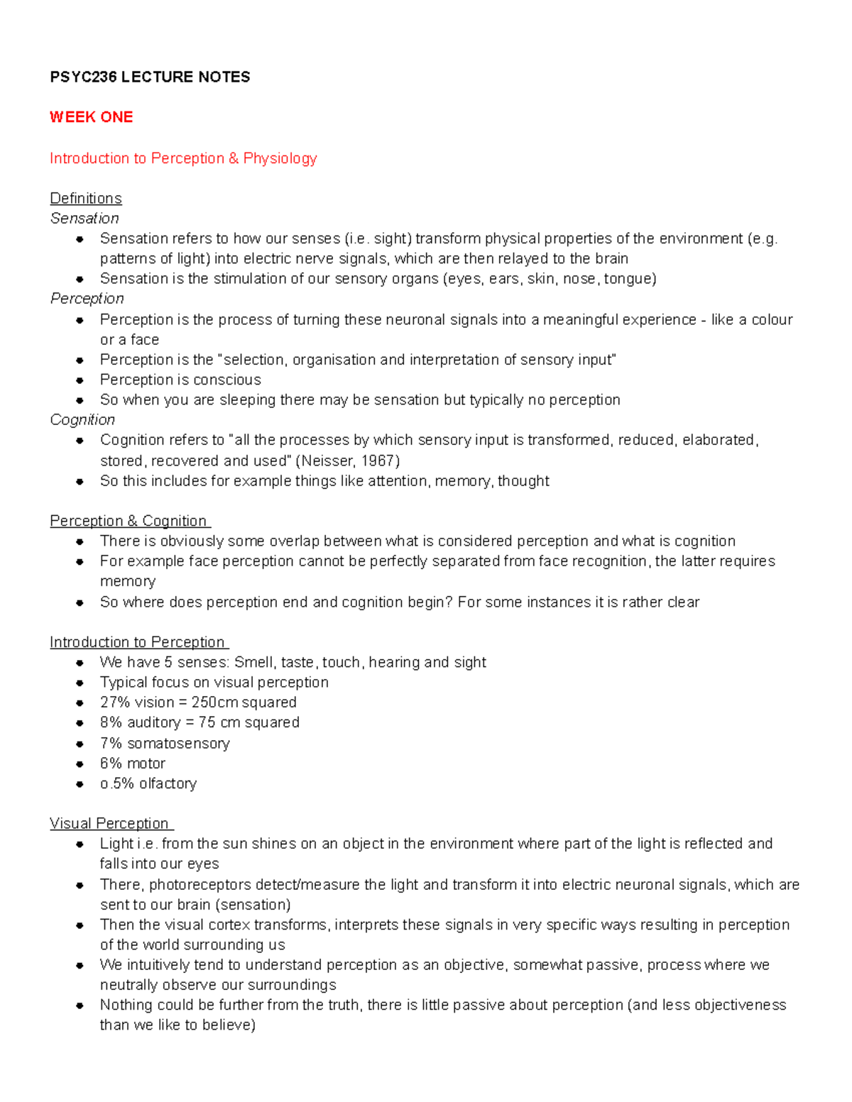 Psyc236 Lecture Notes Psyc236 Lecture Notes Week One Introduction To Perception And Physiology