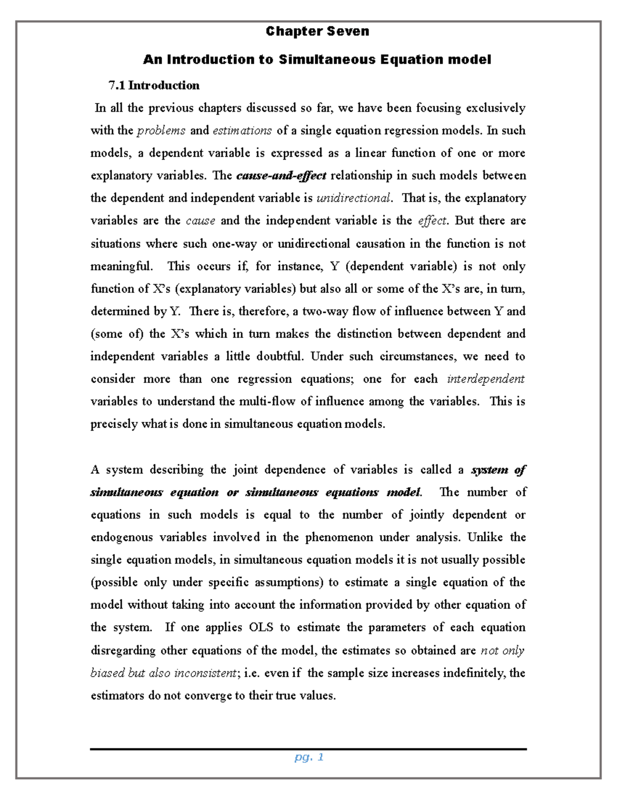 Simultaneous equation modelling - Chapter Seven An Introduction to Simultaneous Equation model 7 ...
