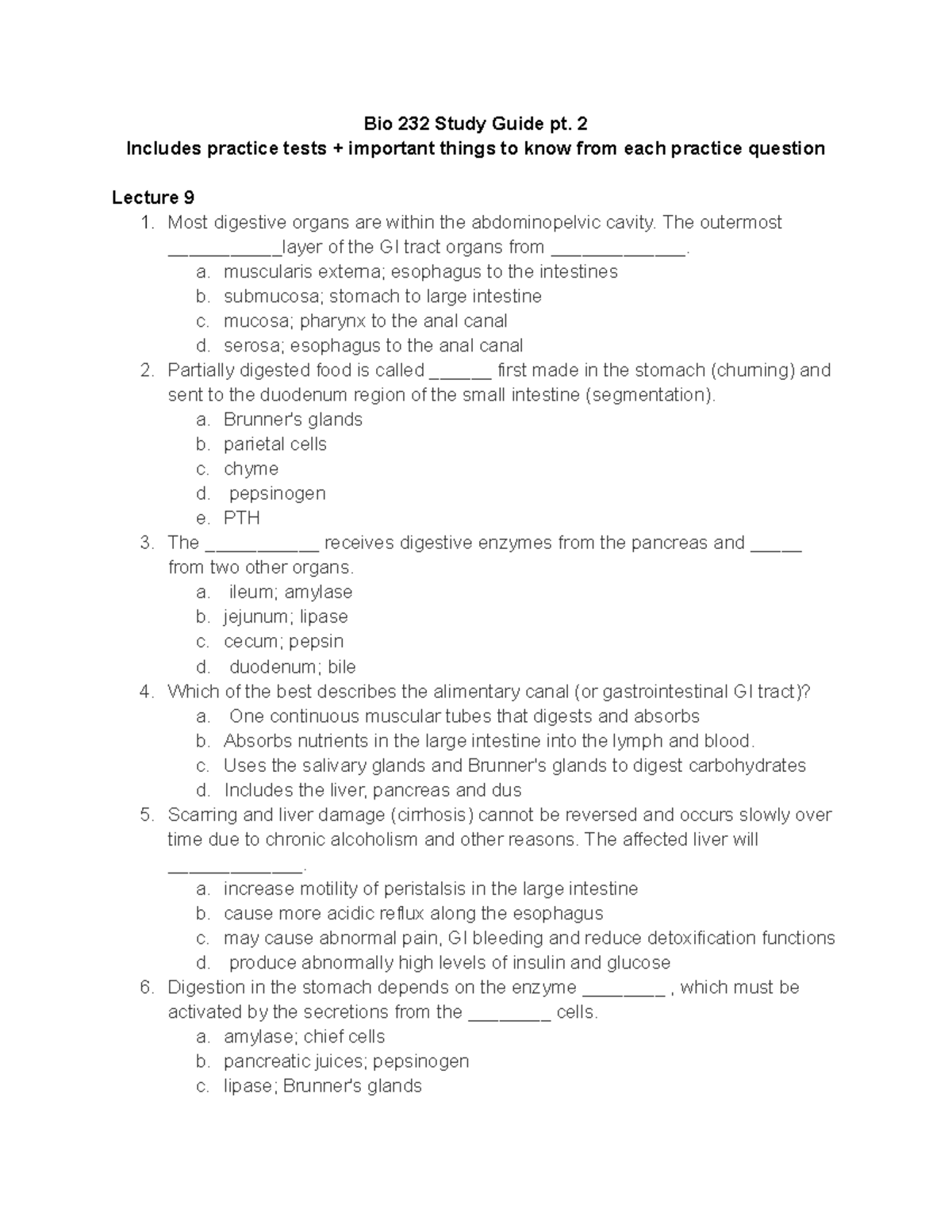 Bio 232 Study Guide pt - review - Bio 232 Study Guide pt. 2 Includes ...