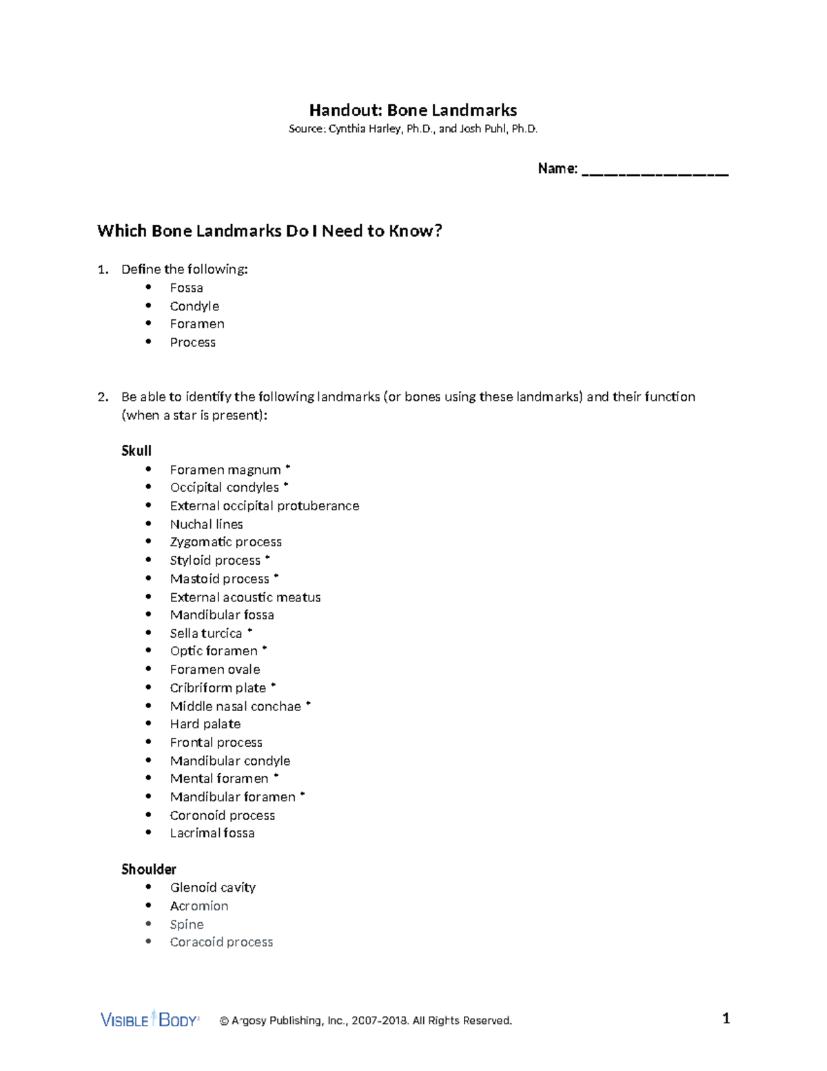 Ap handout bone landmarks - Handout: Bone Landmarks Source: Cynthia ...