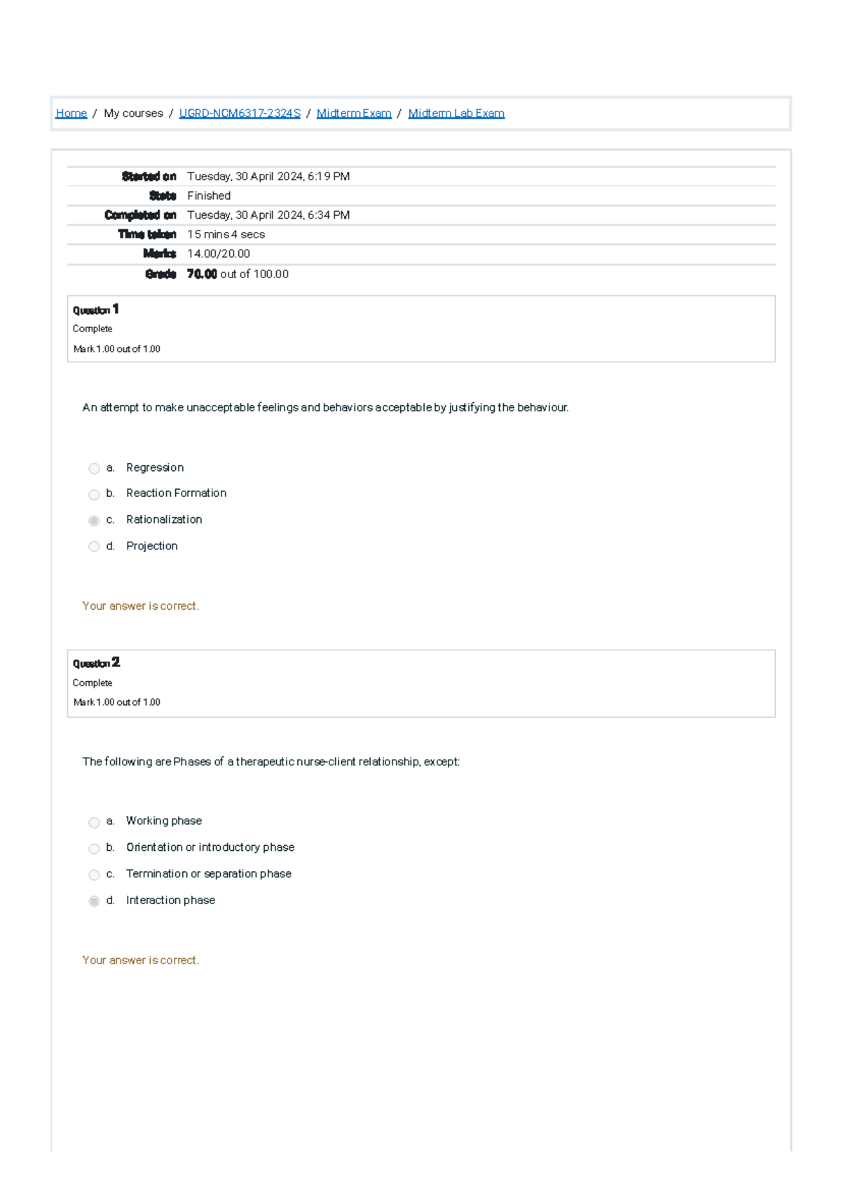 Midterm Lab Exam Attempt review - Home / My courses / UGRD-NCM6317-2324S / Midterm Exam ...