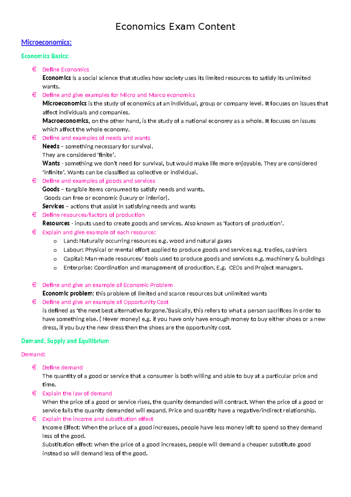 EXAM Checklist 2022 - exam notes, basics of econs - Economics Exam ...