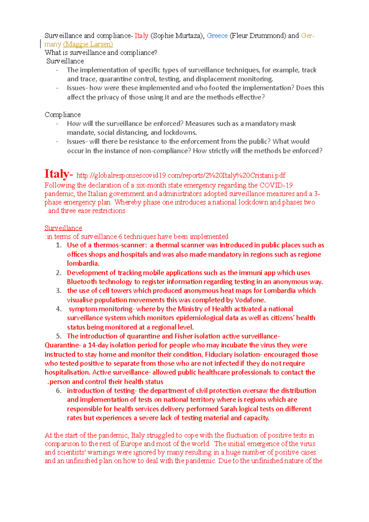 LS2536- Surveillance and compliance-Tutorial 2 - Surveillance and compliance- Italy (Sophie ...