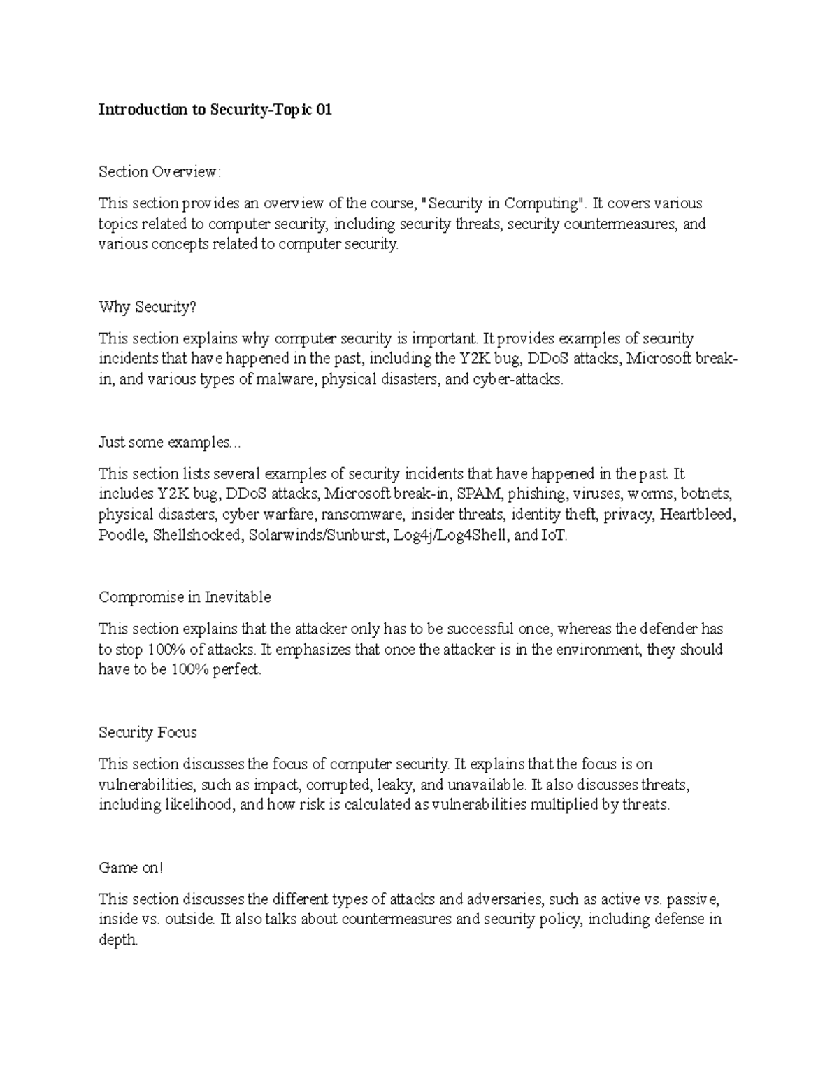 Topic 01 Summarized Lecture Notes Introduction To Security Topic 01 Section Overview This