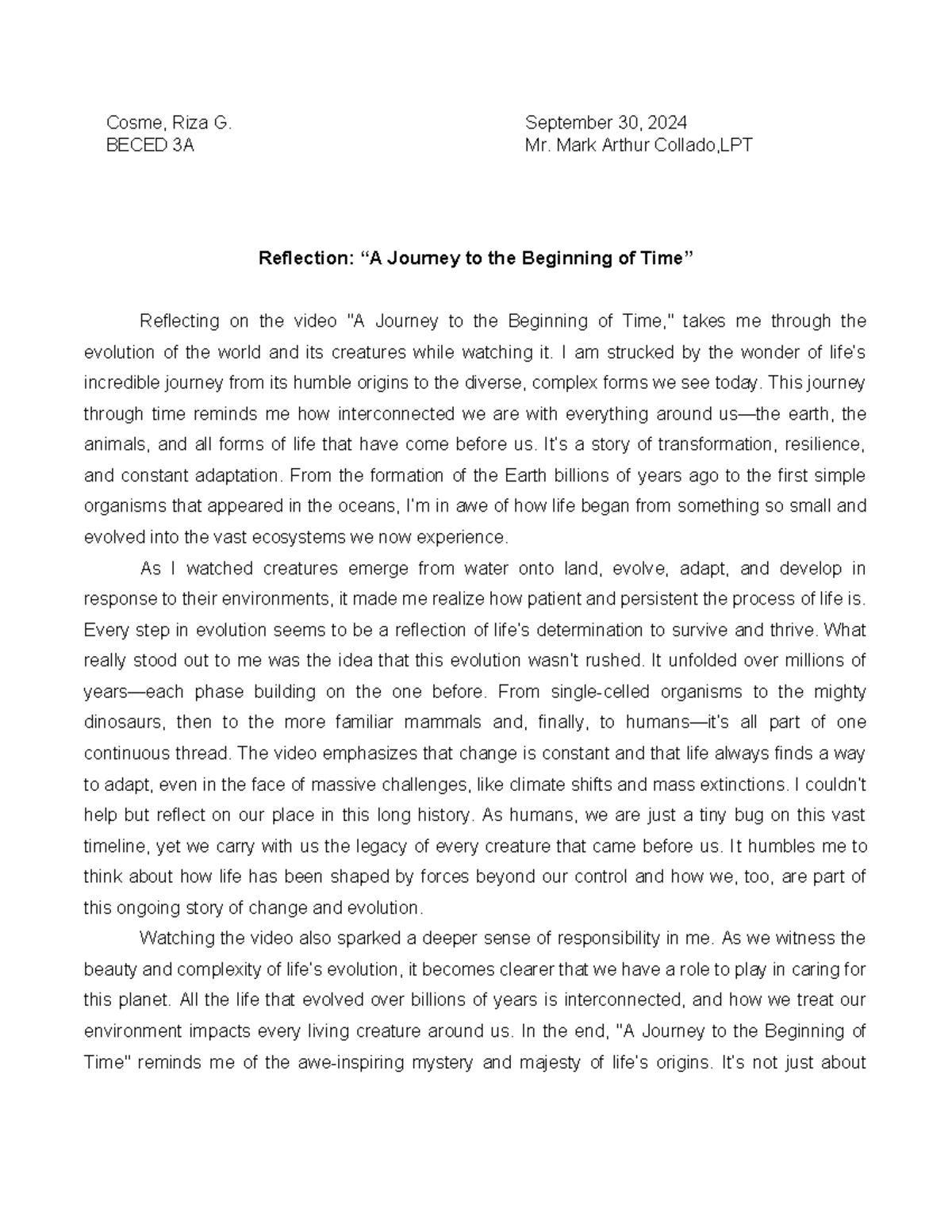 A Journey to the Beginning of Time Reflection - Cosme, Riza G. BECED 3A ...