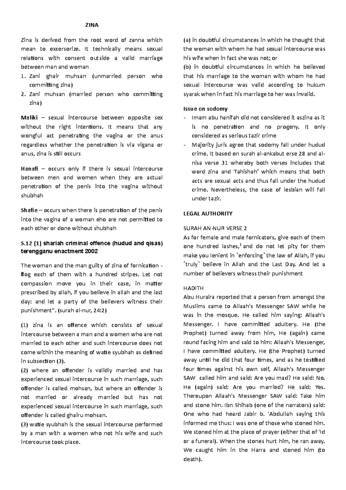 ZINA notes - The explanation on the matter of Zina in details. - ZINA ...