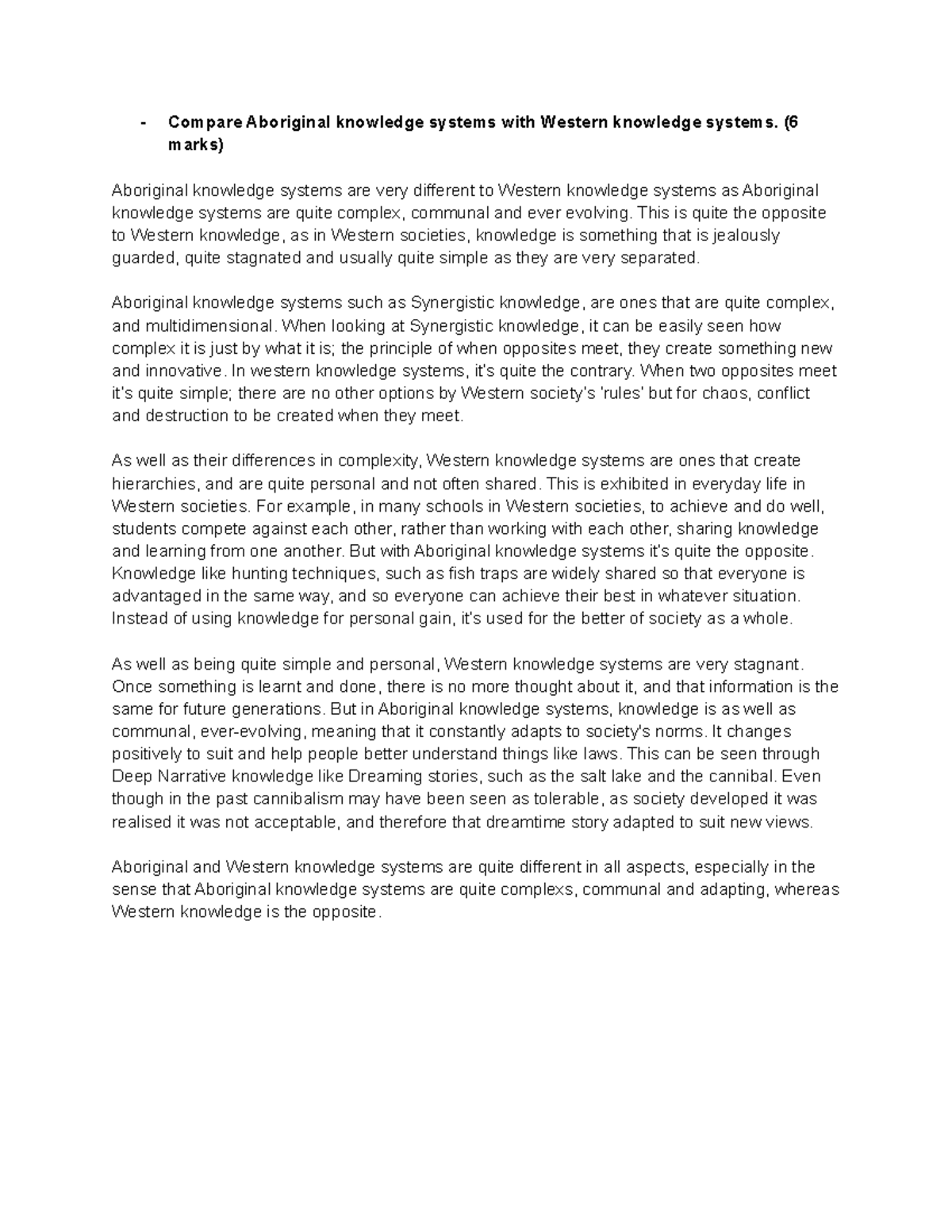 Aboriginal Studies Practice Question -Compare Aboriginal knowledge ...