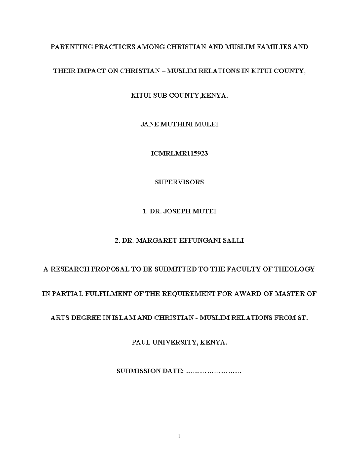 Chapter ONE Proposal - PARENTING PRACTICES AMONG CHRISTIAN AND MUSLIM ...