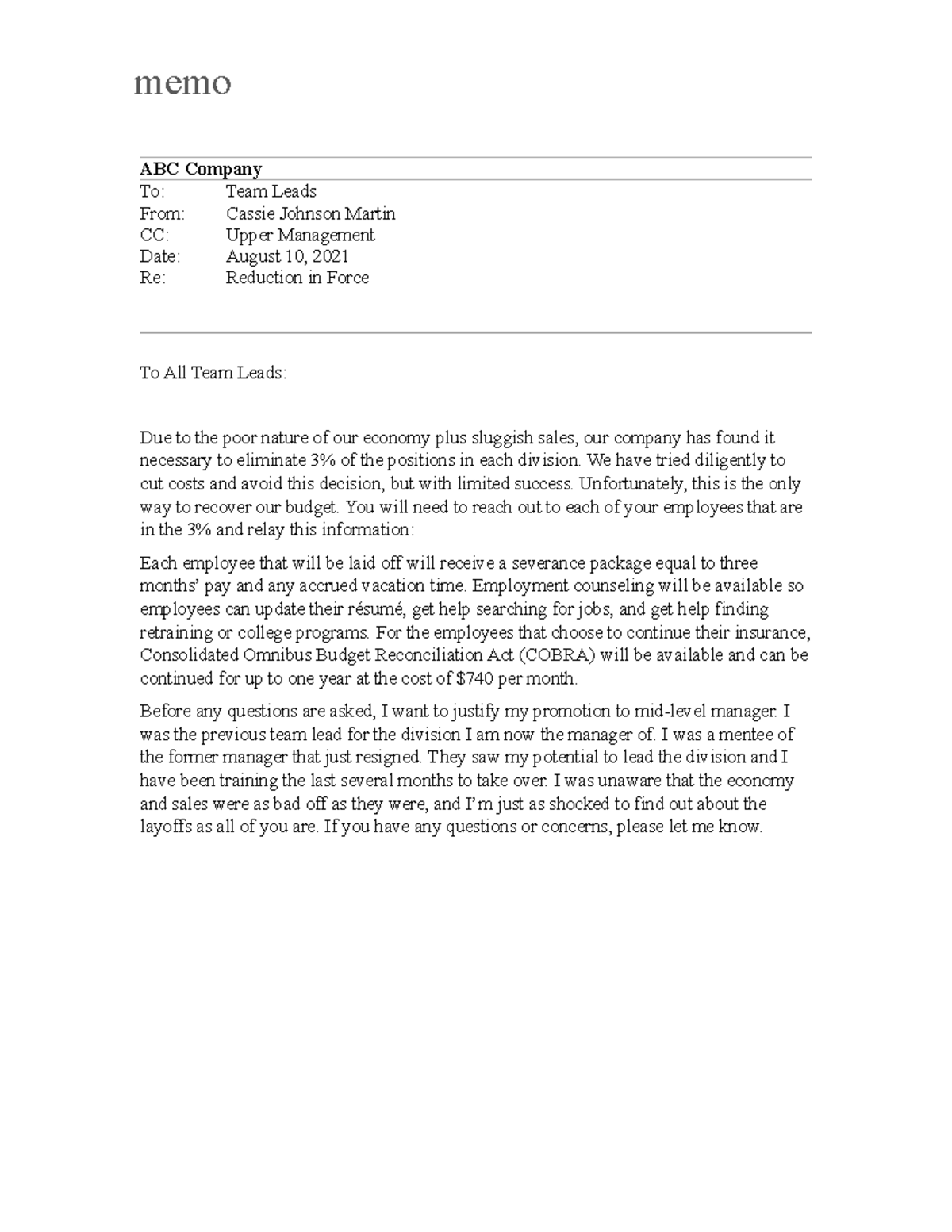 7-2 Memo assignment for module 7. Final project pt 1 - memo ABC Company ...