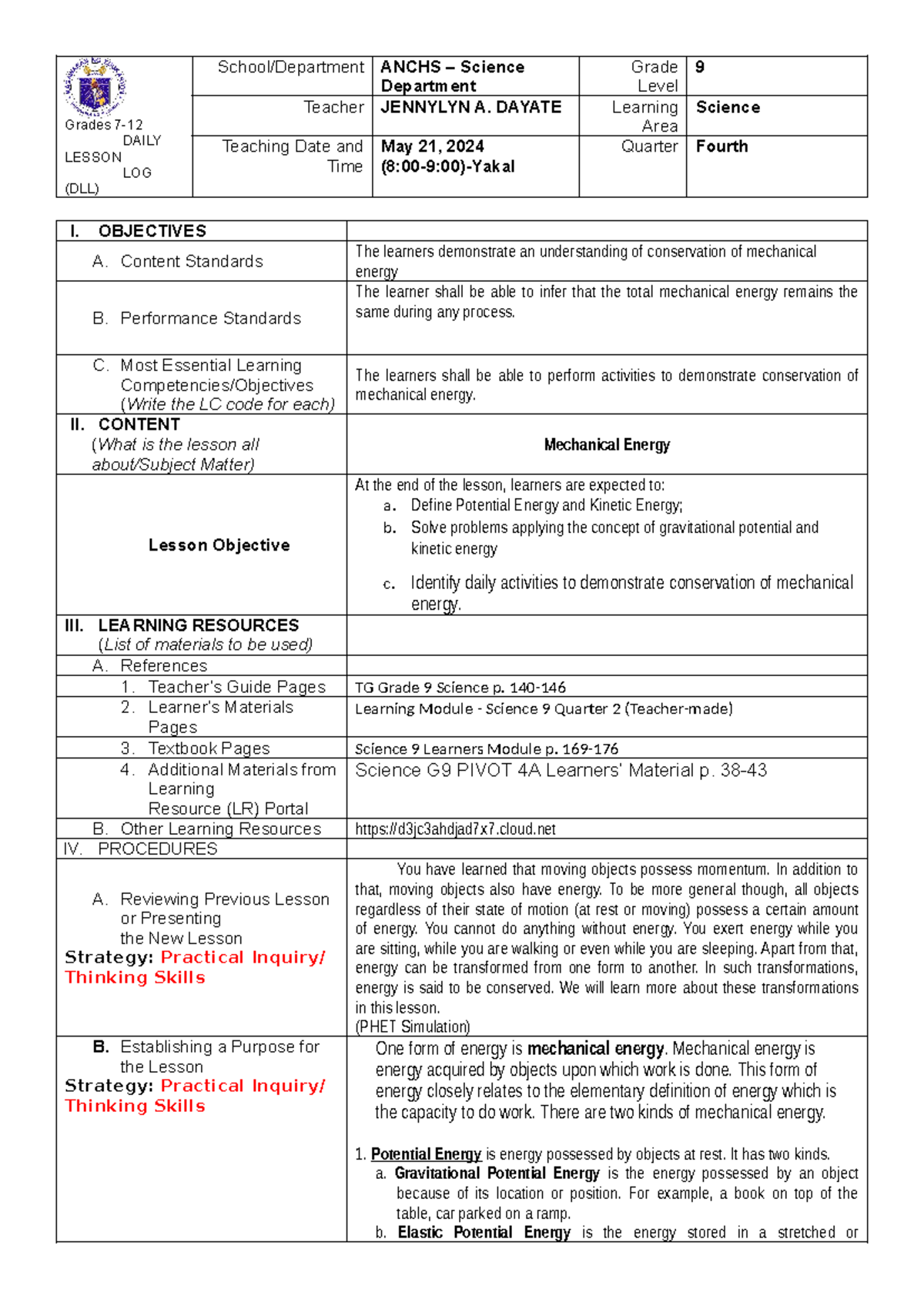 Q2 G9 Science DLL CO4 - detailed lesson plan - Grades 7- DAILY LESSON ...