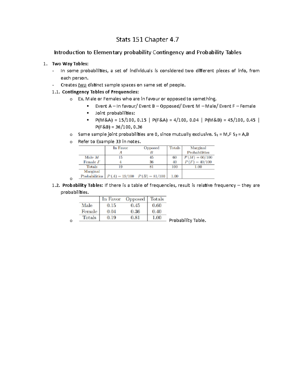 Chapter 4 - Stats 151 Chapter 4. Introduction to Elementary probability Contingency and ...