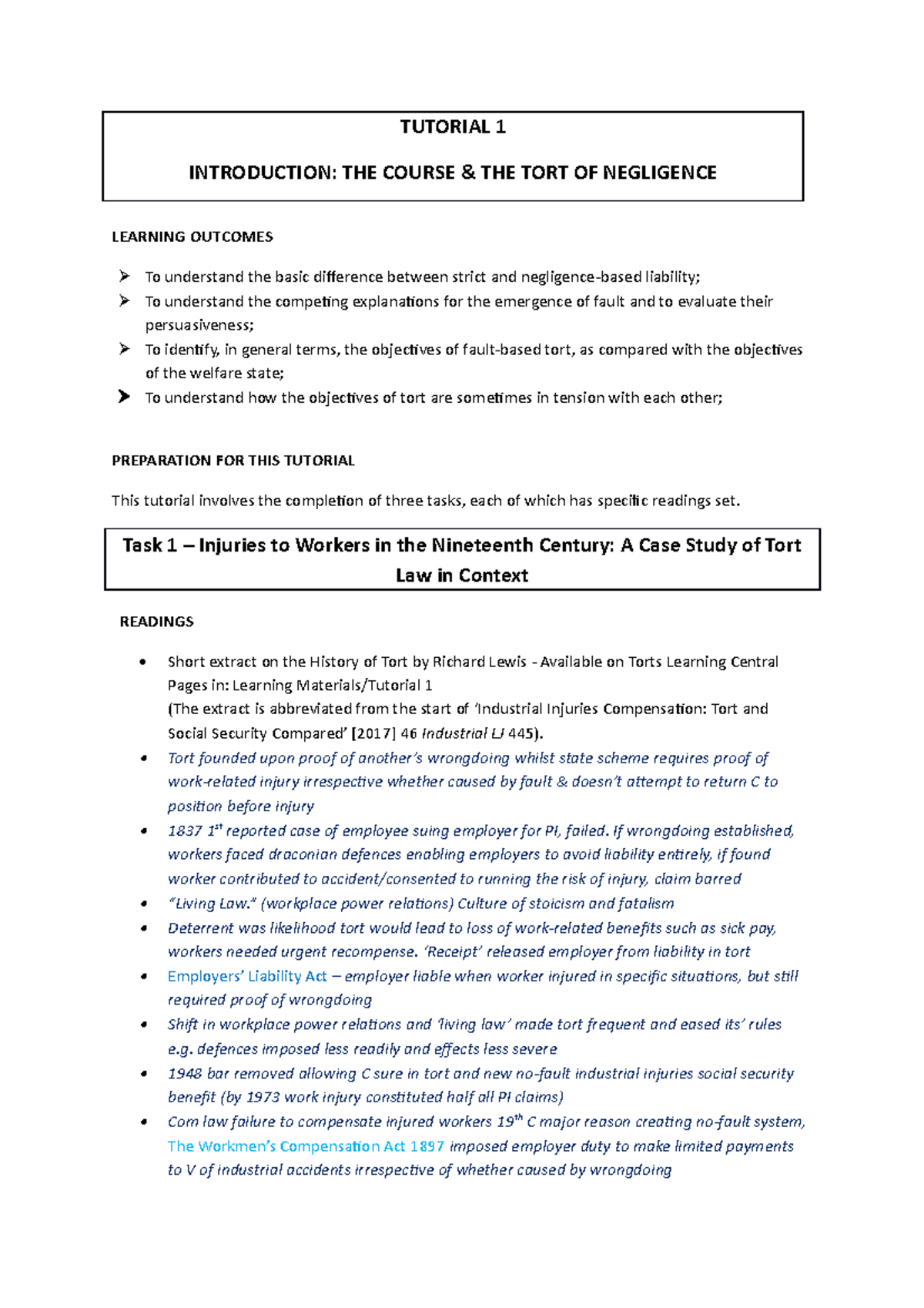 T1 Introduction to Tort - TUTORIAL 1 INTRODUCTION: THE COURSE & THE TORT OF NEGLIGENCE LEARNING ...