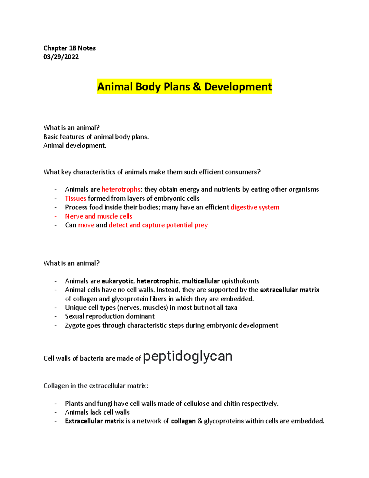 BIO 2 semester Notes - Chapter 18 Notes 03/29/ Animal Body Plans ...