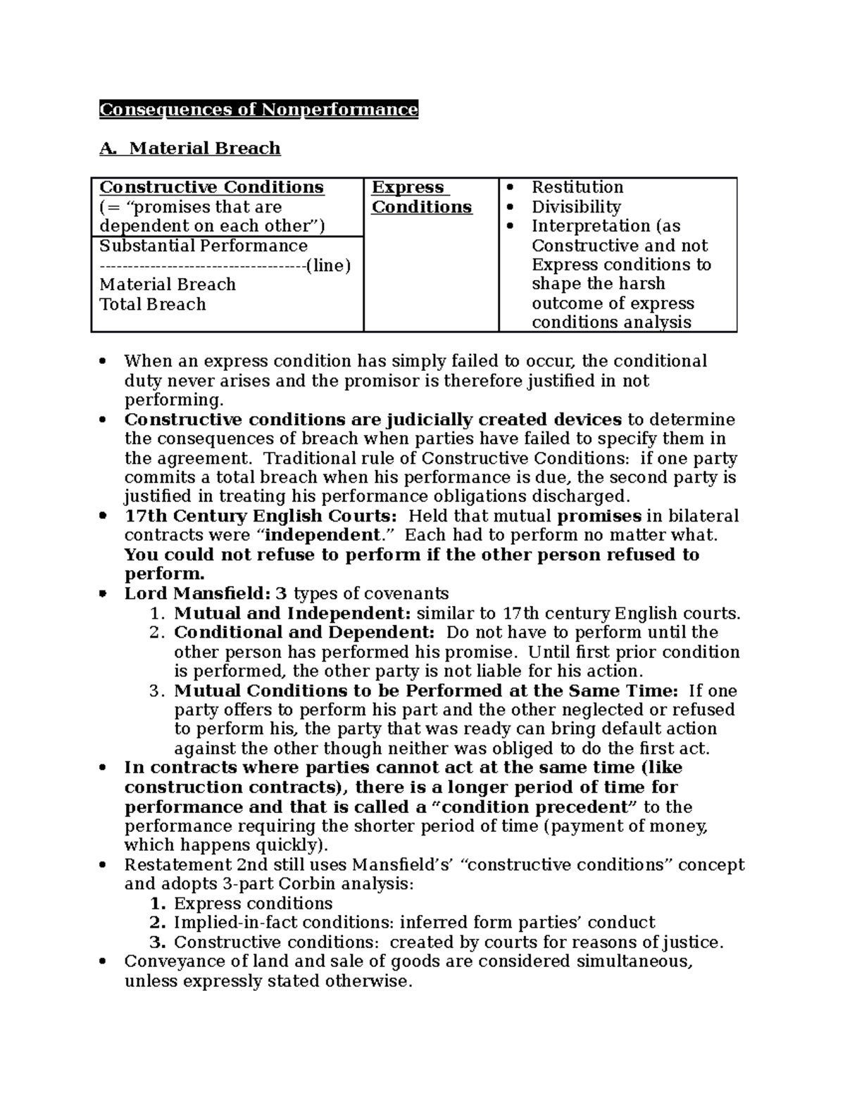 Contracts Law Outline - 1 - Consequences of Nonperformance A. Material ...