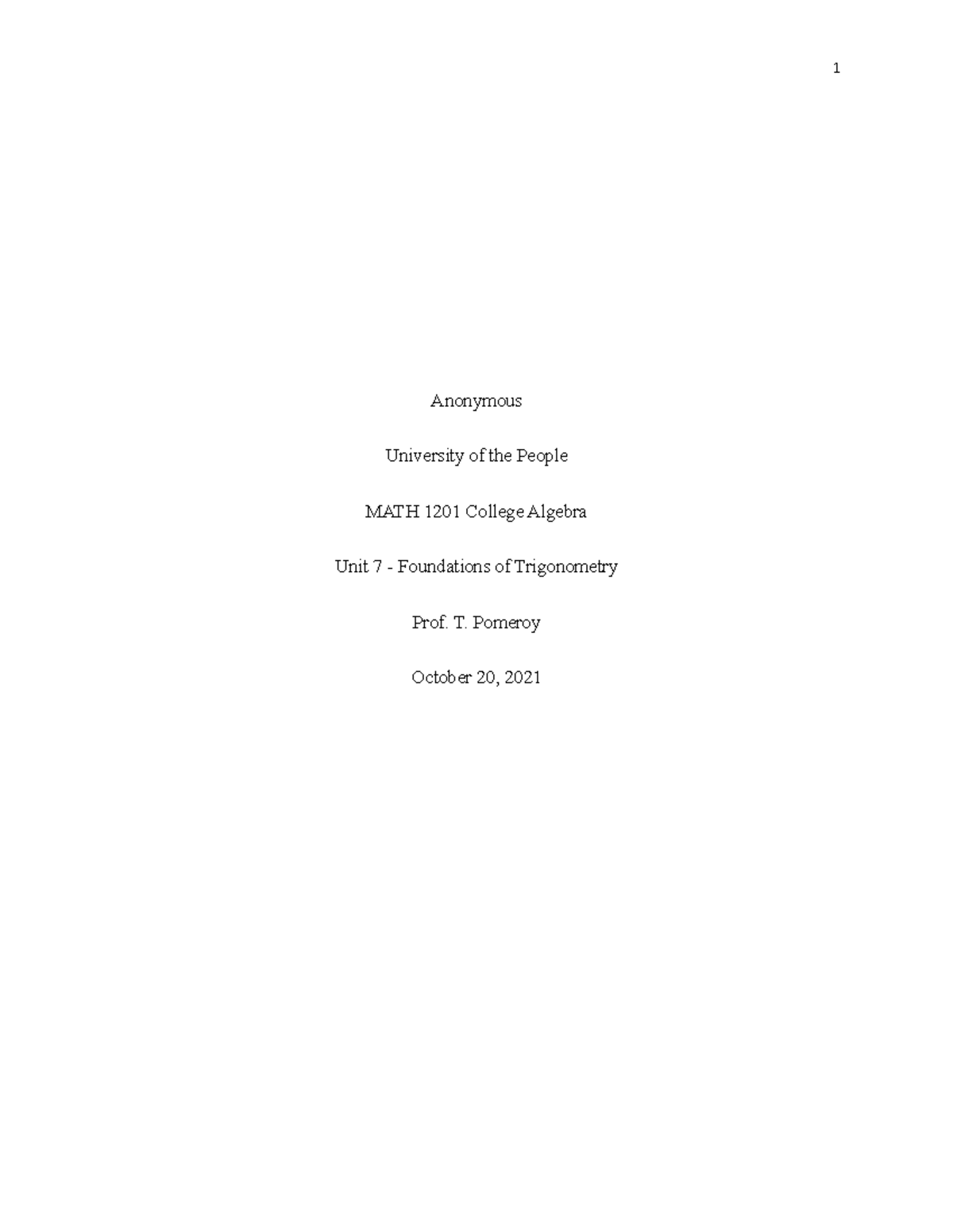 MATH 1201 - Written 7 - Anonymous University of the People MATH 1201 ...