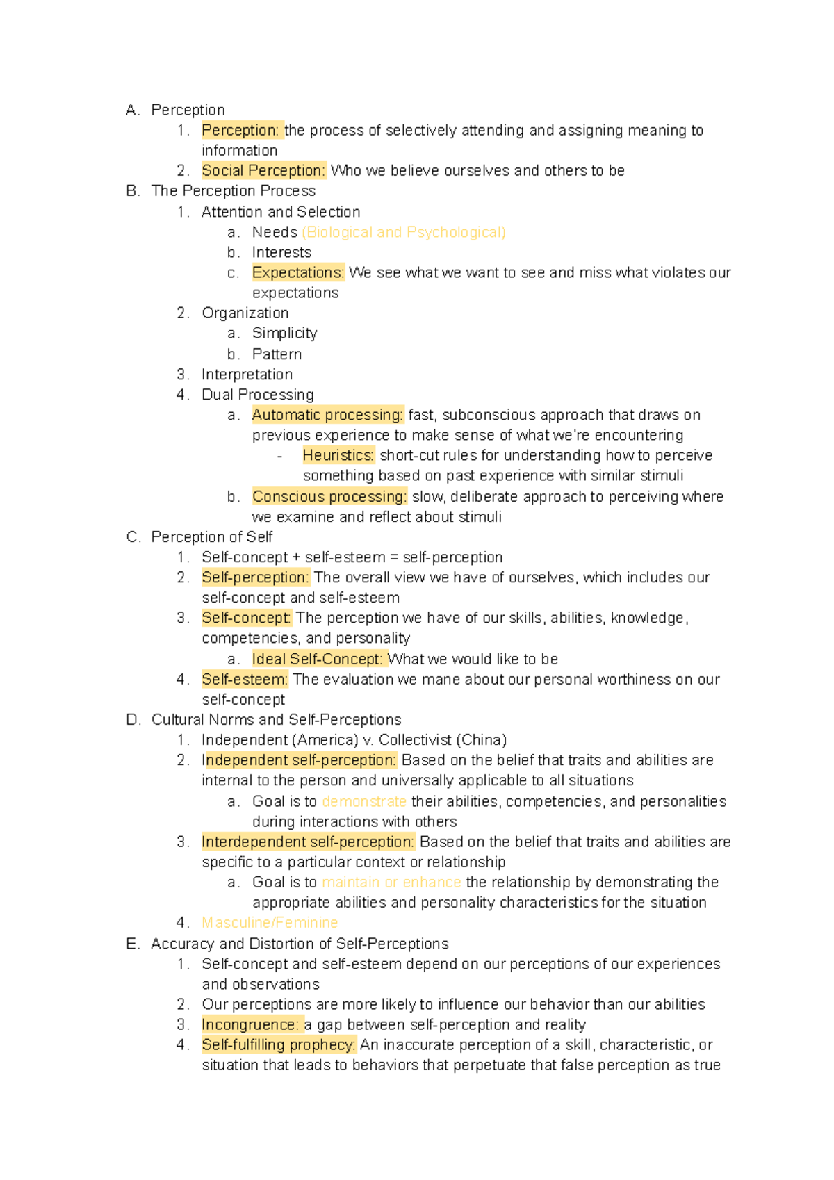 Perception of Self and Others - A. Perception 1. Perception: the ...