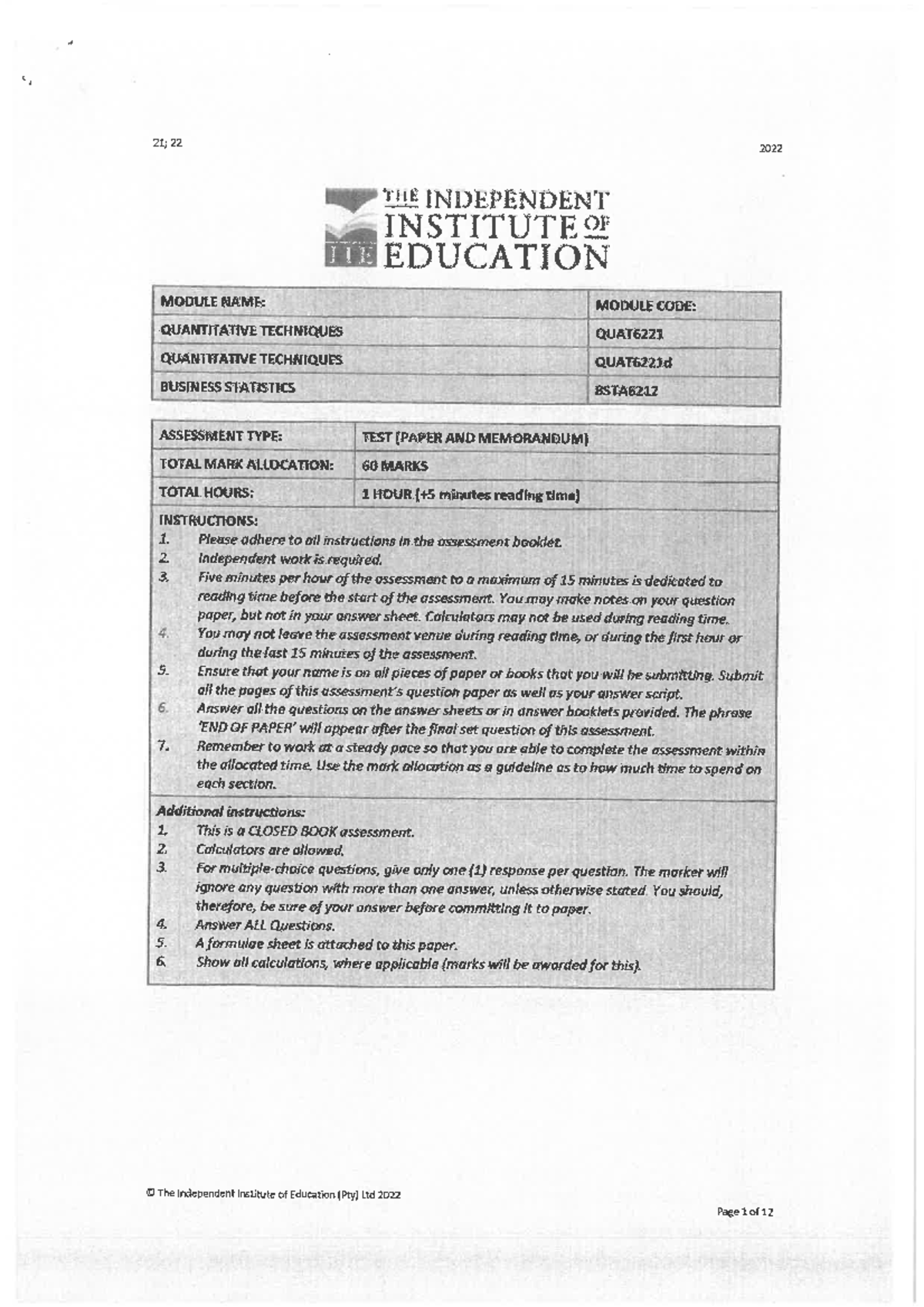 Test 1 revision - ... - BSTA6212 - Studocu