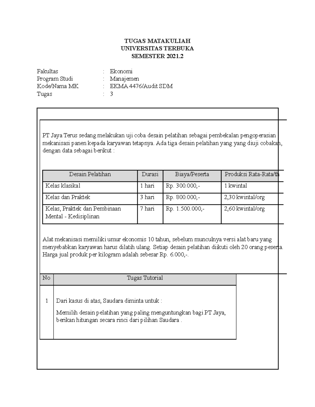 Tugas 3 audit sdm - TUGAS MATAKULIAH UNIVERSITAS TERBUKA SEMESTER 2021. Fakultas : Ekonomi ...
