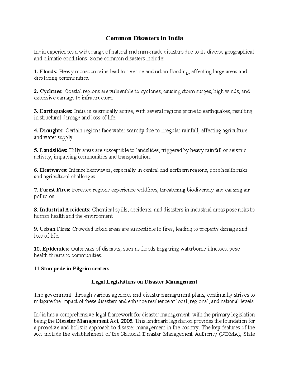 DM Notes - Common Disasters in India India experiences a wide range of ...
