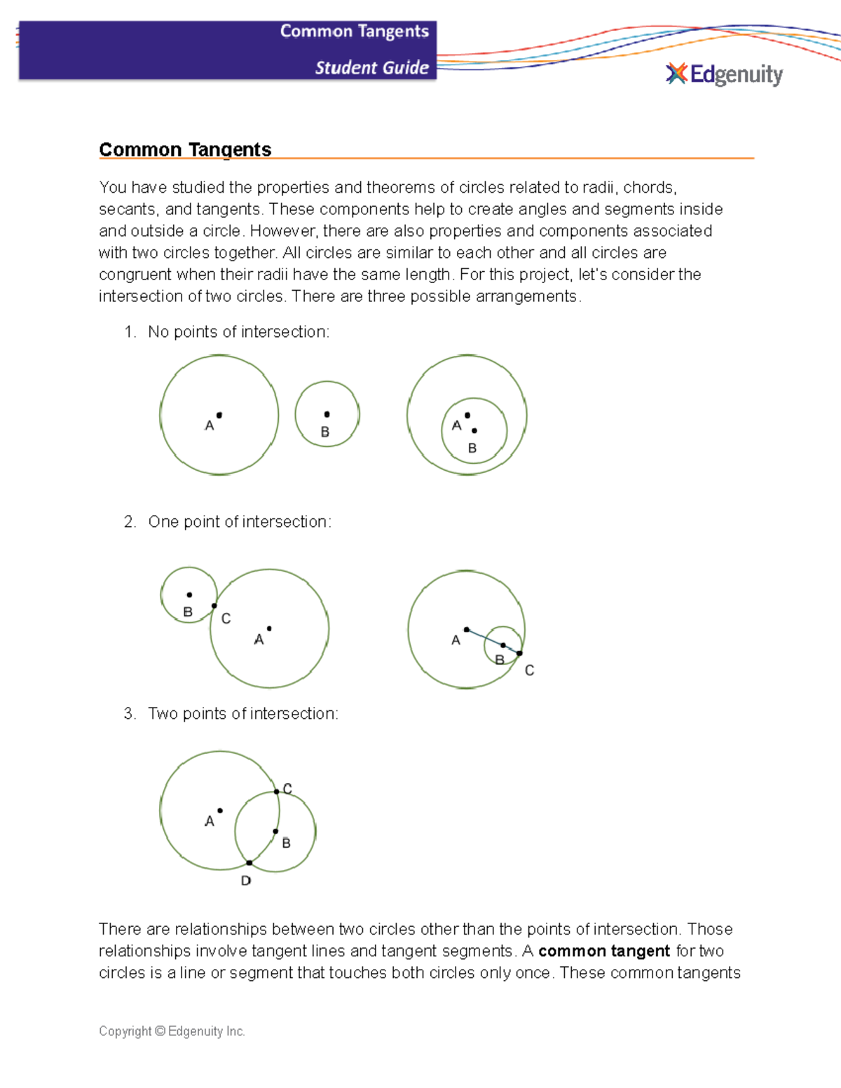 Common Tangent Project Student Guide - Common Tangents You have studied ...