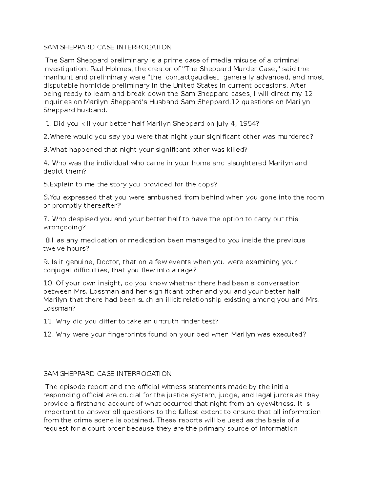 SAM Sheppard CASE Interrogation - SAM SHEPPARD CASE INTERROGATION The ...