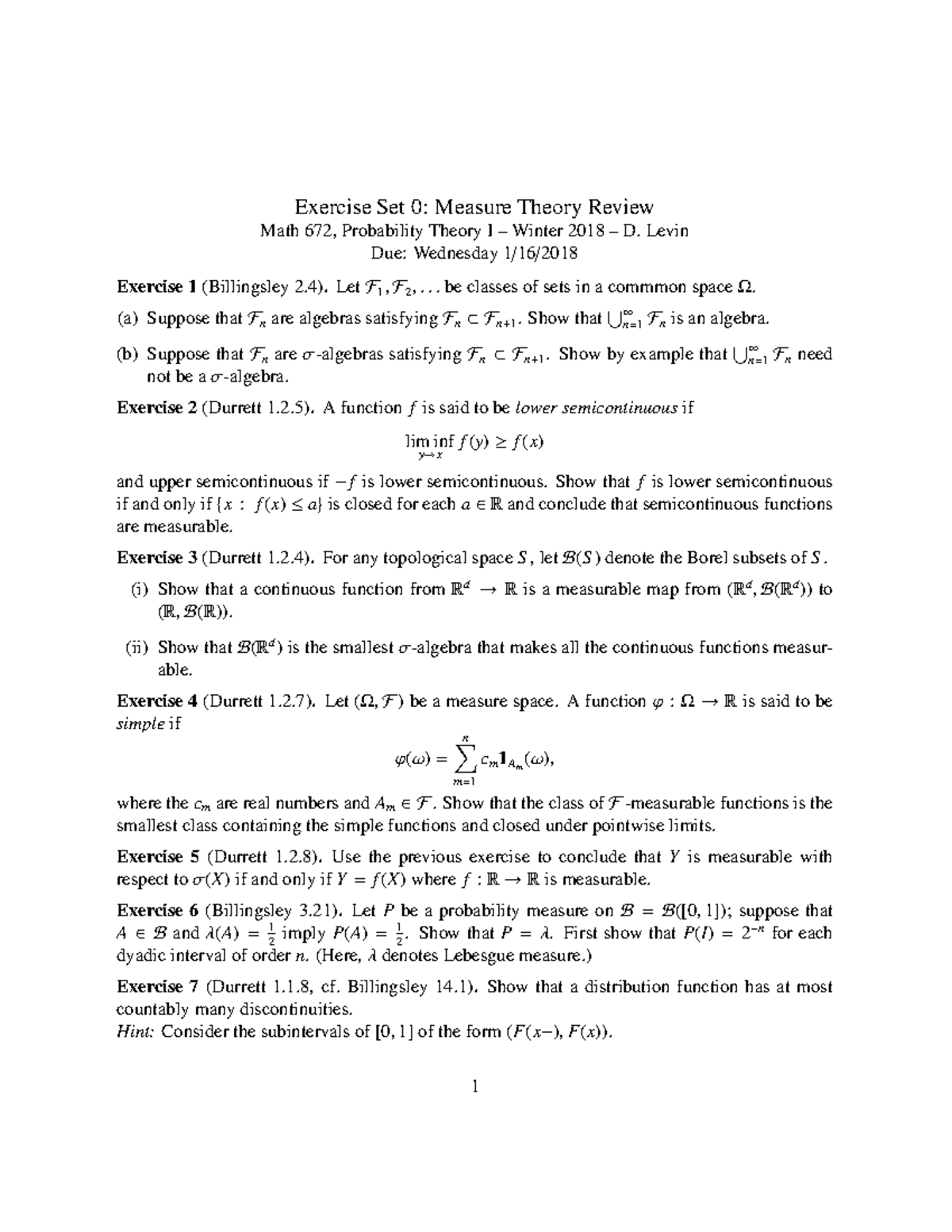 Hw0 - Measure theory - Exercise Set 0: Measure Theory Review Math 672 ...