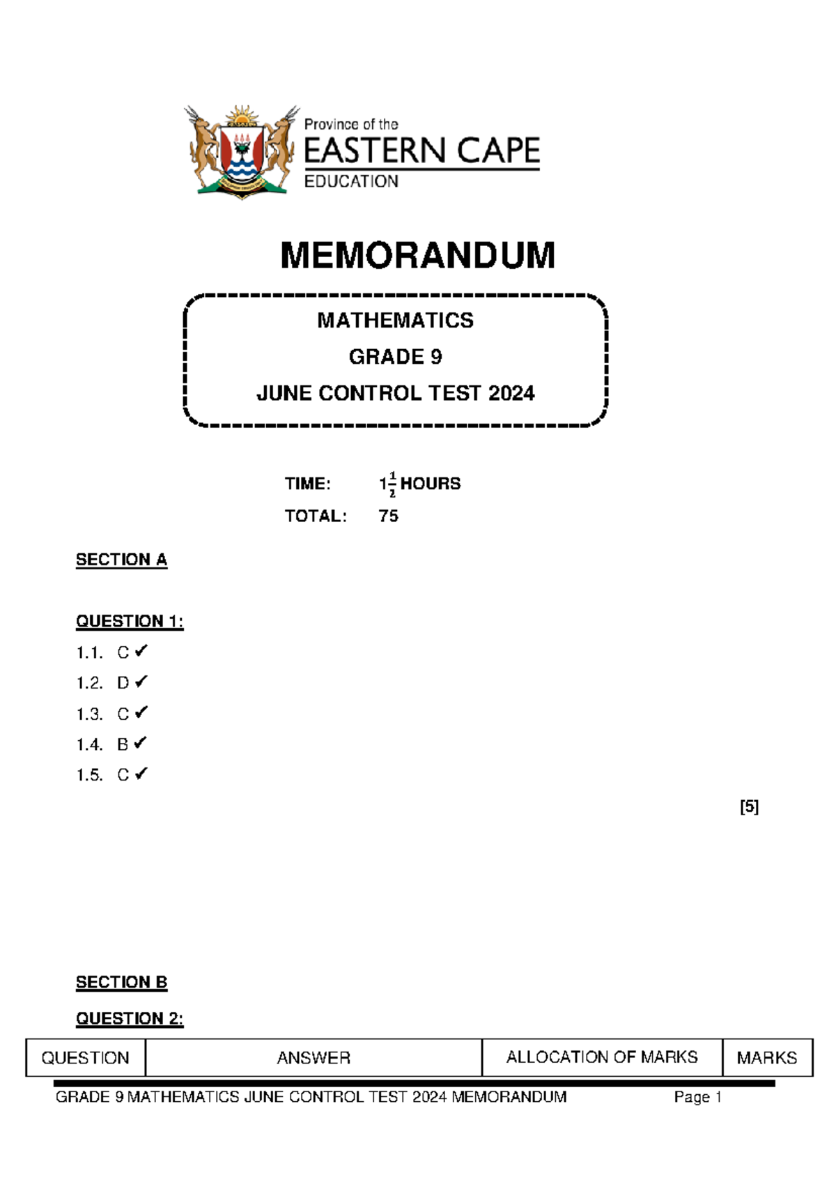 Grade 9 natural science June examination - MEMORANDUM TIME: 1 𝟏 𝟐 HOURS ...